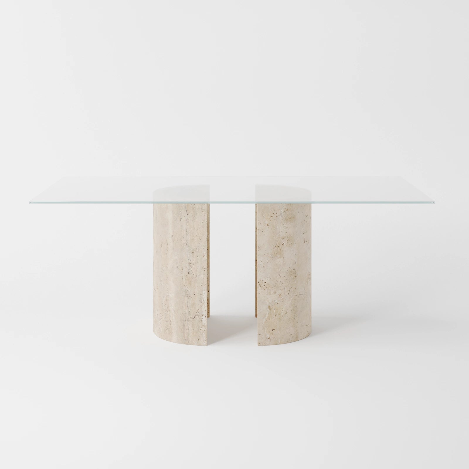 Lucid Dining Table – Sculptural Travertine Base & Glass Top | FullFlat